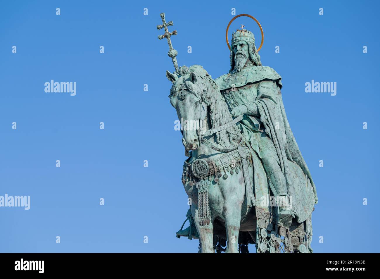 Bronze statue of Saint Stephen, first king of Hungary in the plaza of ...