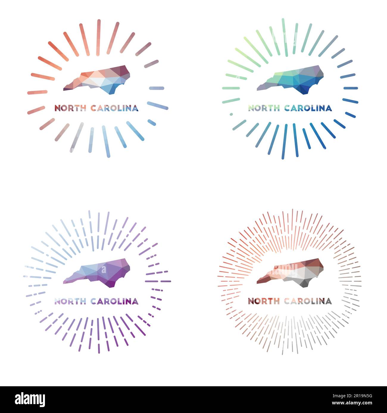 North Carolina low poly sunburst set. Logo of US state in geometric ...