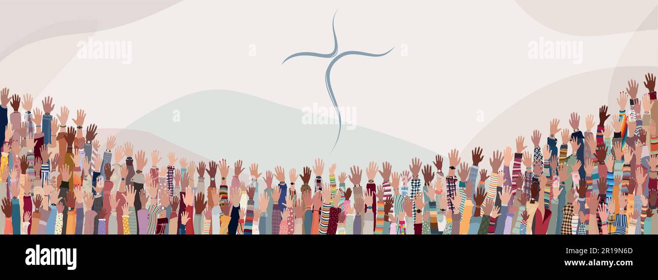 Group of many Christians people with raised hands praying or singing ...