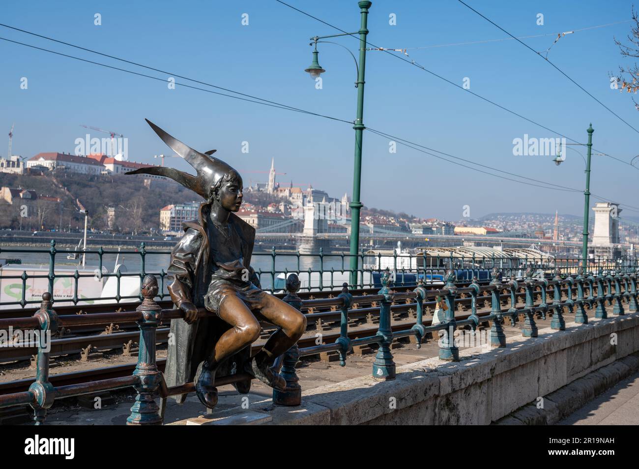 Little Prince (Kiskirálylány) bronze statue on the Danube promenade railings in Budapest ...