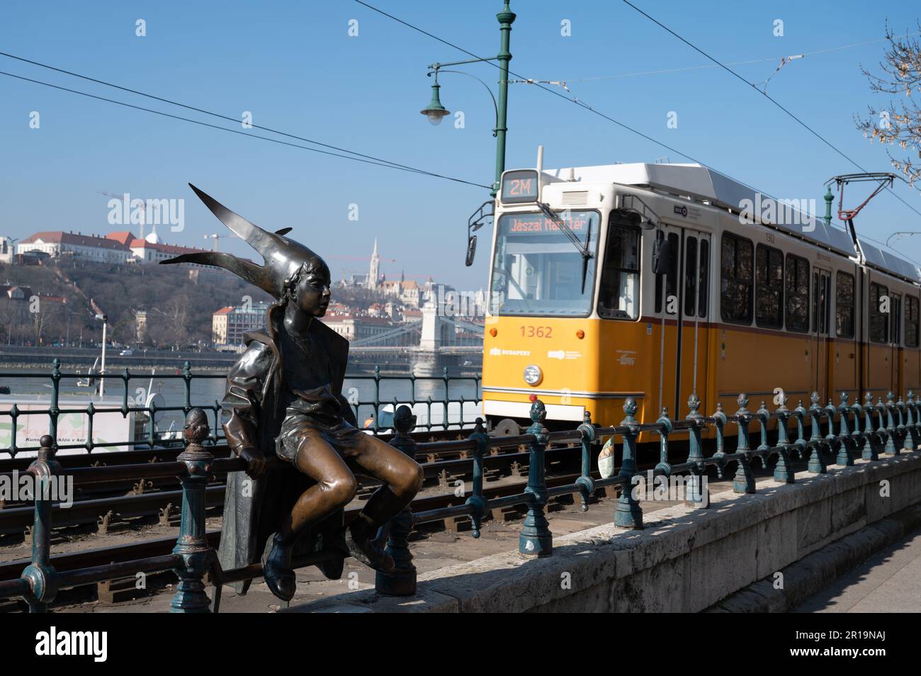 Little Prince (Kiskirálylány) bronze statue on the Danube promenade railings in Budapest ...