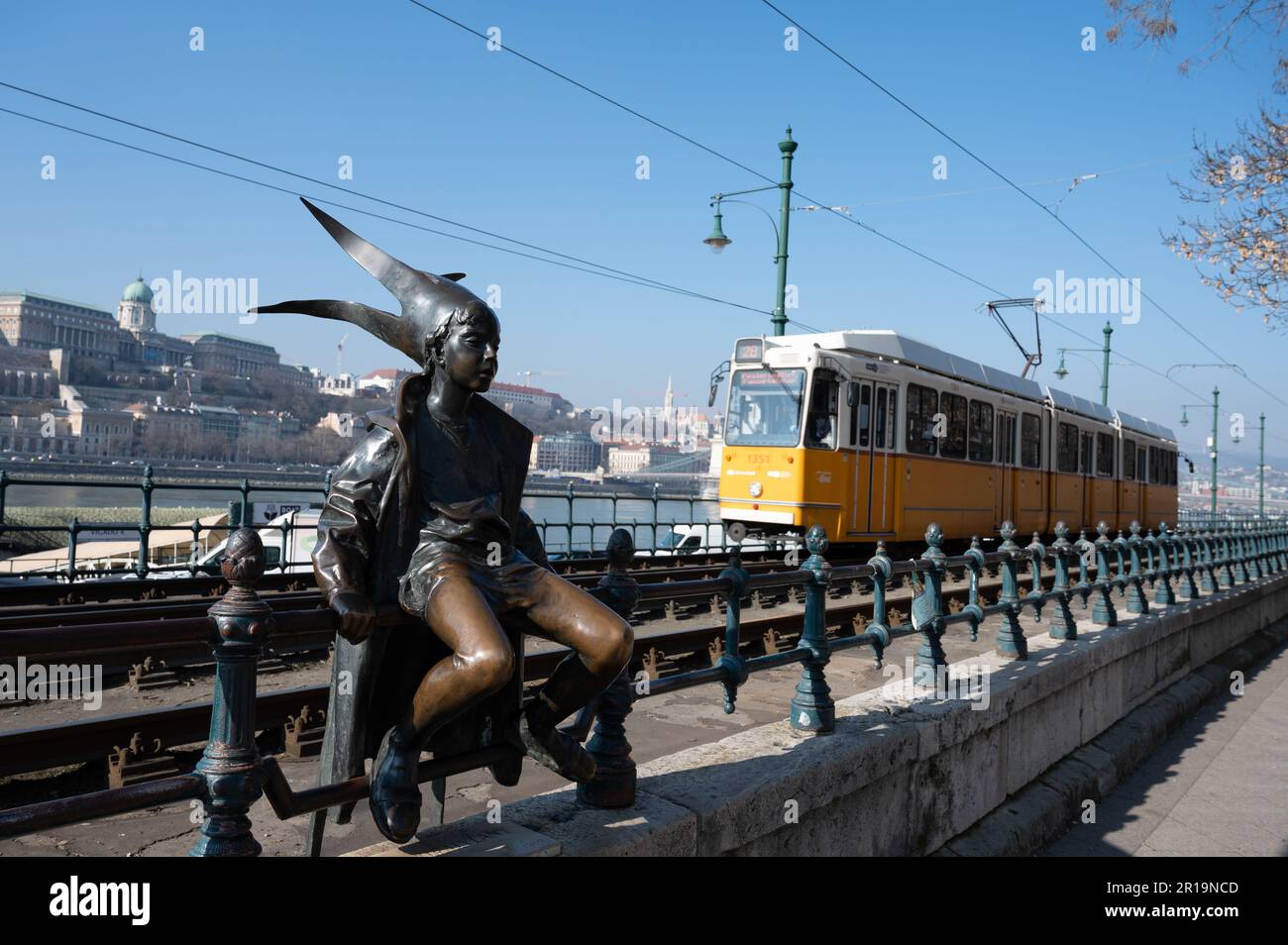 Little Prince (Kiskirálylány) bronze statue on the Danube promenade railings in Budapest ...