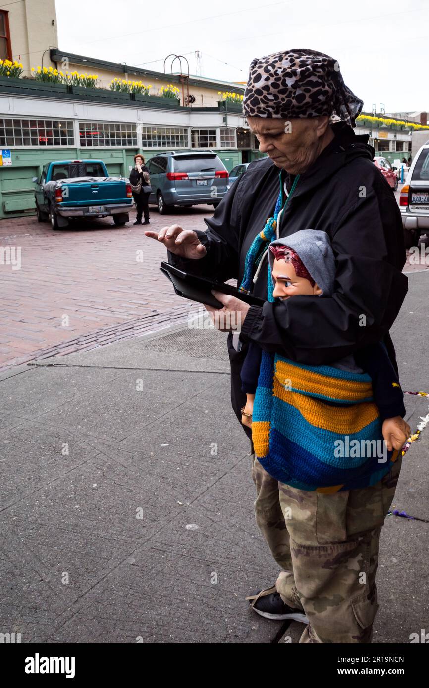 Seattle, USA. 20 Mar, 2023. A person at Pike Place Market with a Jeff ...
