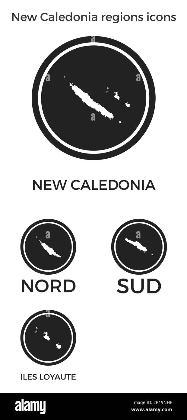 New Caledonia regions icons. Black round logos with country regions ...