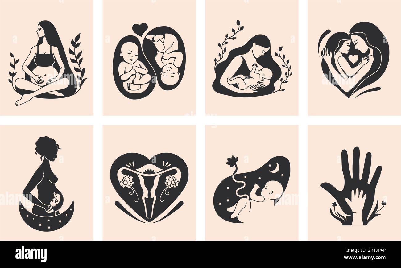 Hand drawn maternity. Motherhood and mother love, pregnant women emblem ...