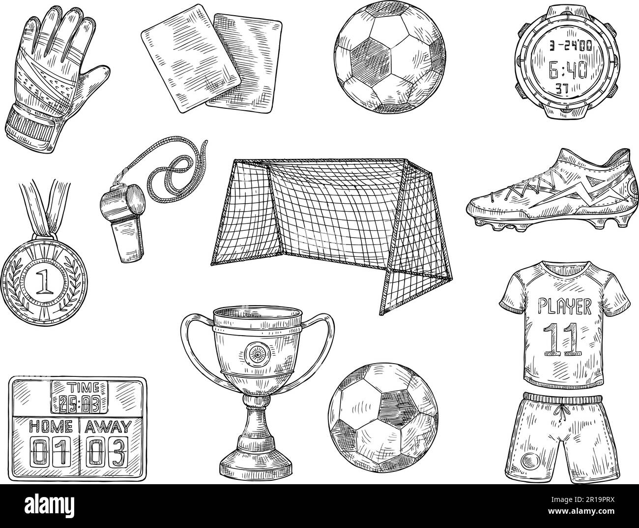 Sketch football elements. Hand drawn soccer ball, sports uniform ...