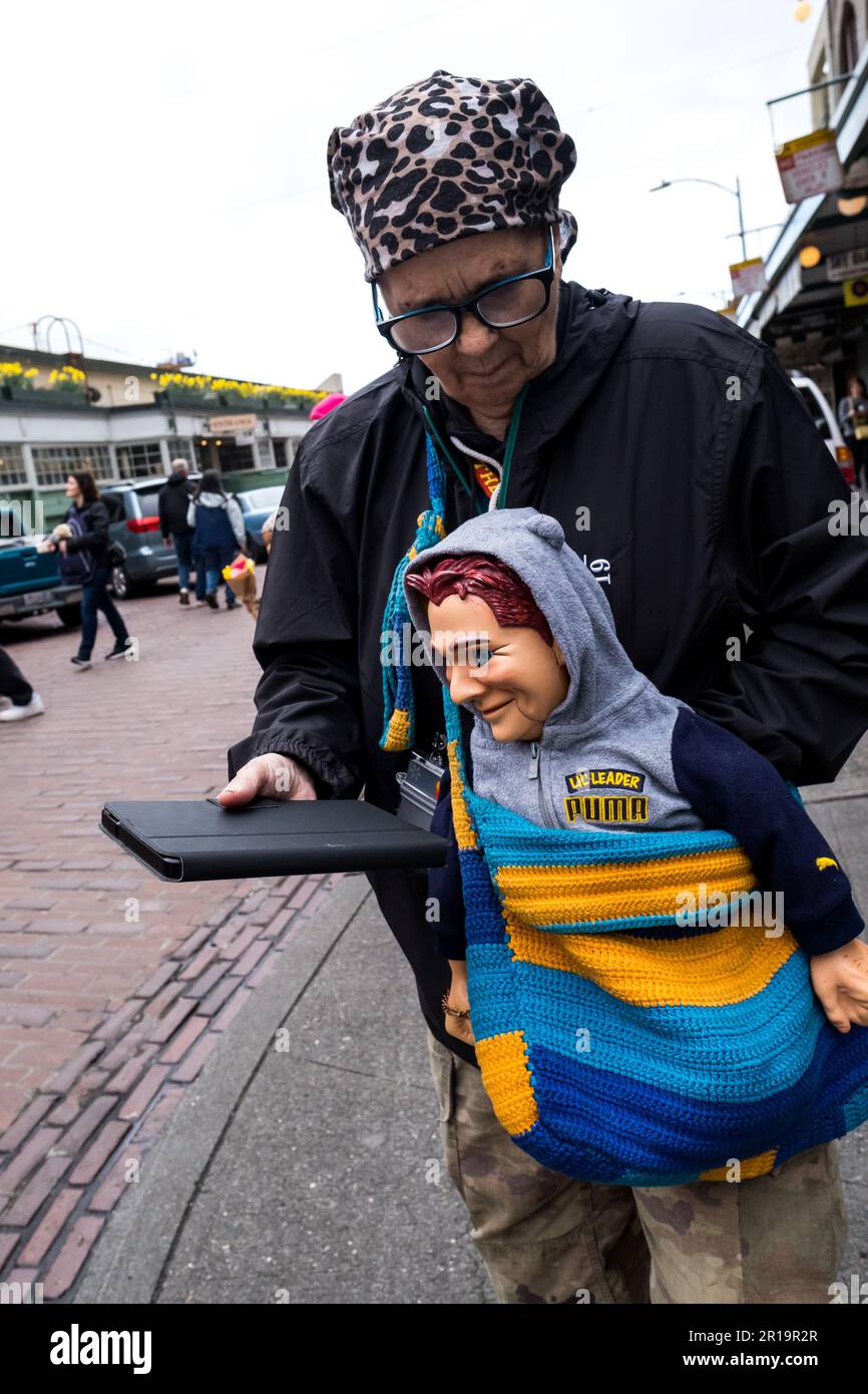 Seattle, USA. 20 Mar, 2023. A person at Pike Place Market with a Jeff ...