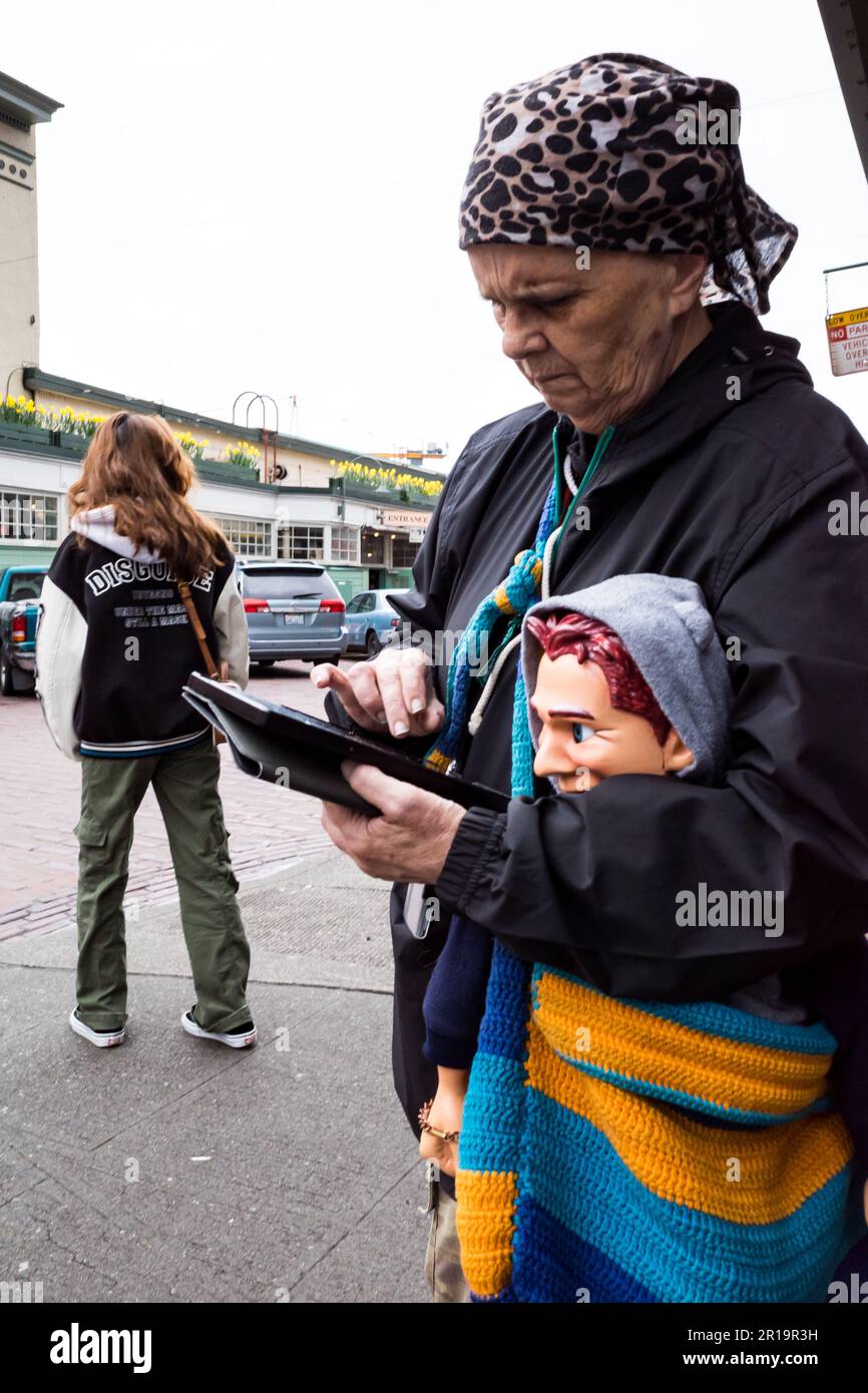 Seattle, USA. 20 Mar, 2023. A person at Pike Place Market with a Jeff ...