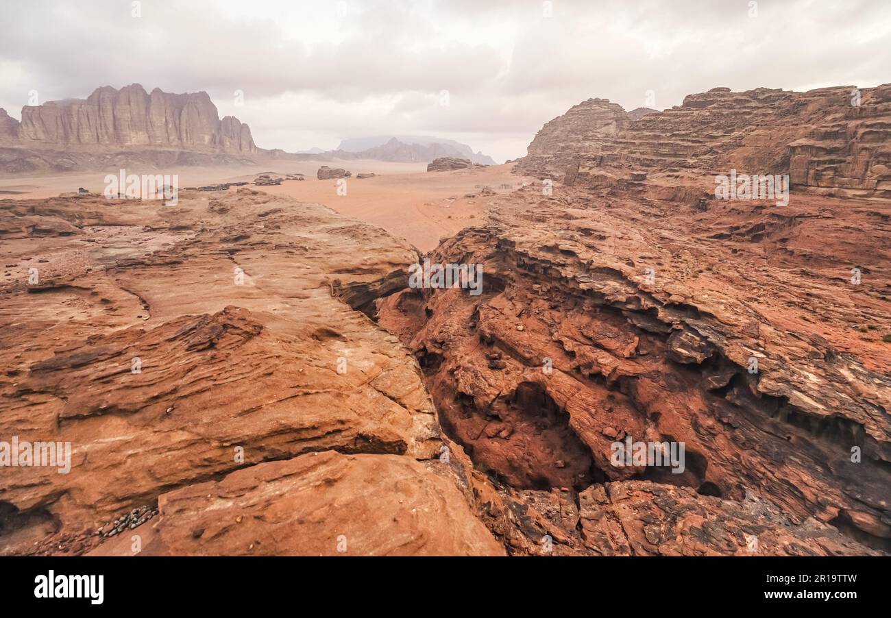 Red orange Mars like landscape in Jordan Wadi Rum desert, mountains ...