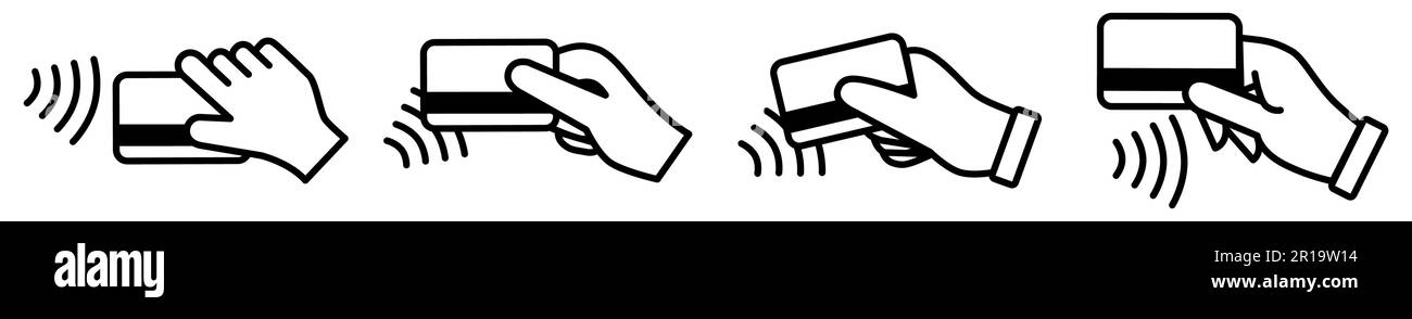 Hand with credit card over four wireless waves icon - contactless ...