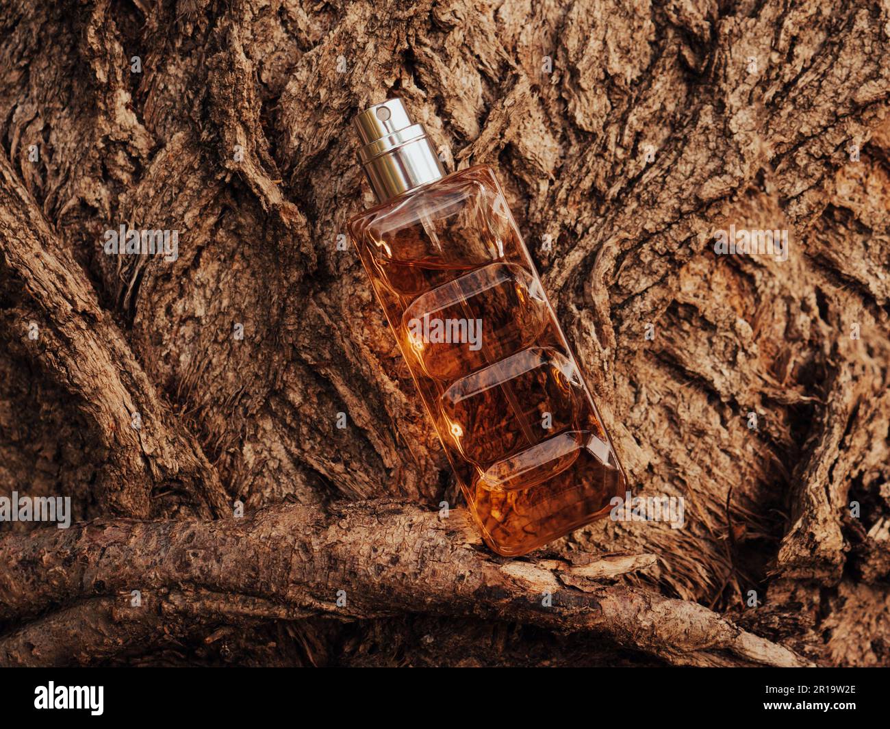 Woody fragrance. Perfume spray bottle on wooden tree bark as background ...
