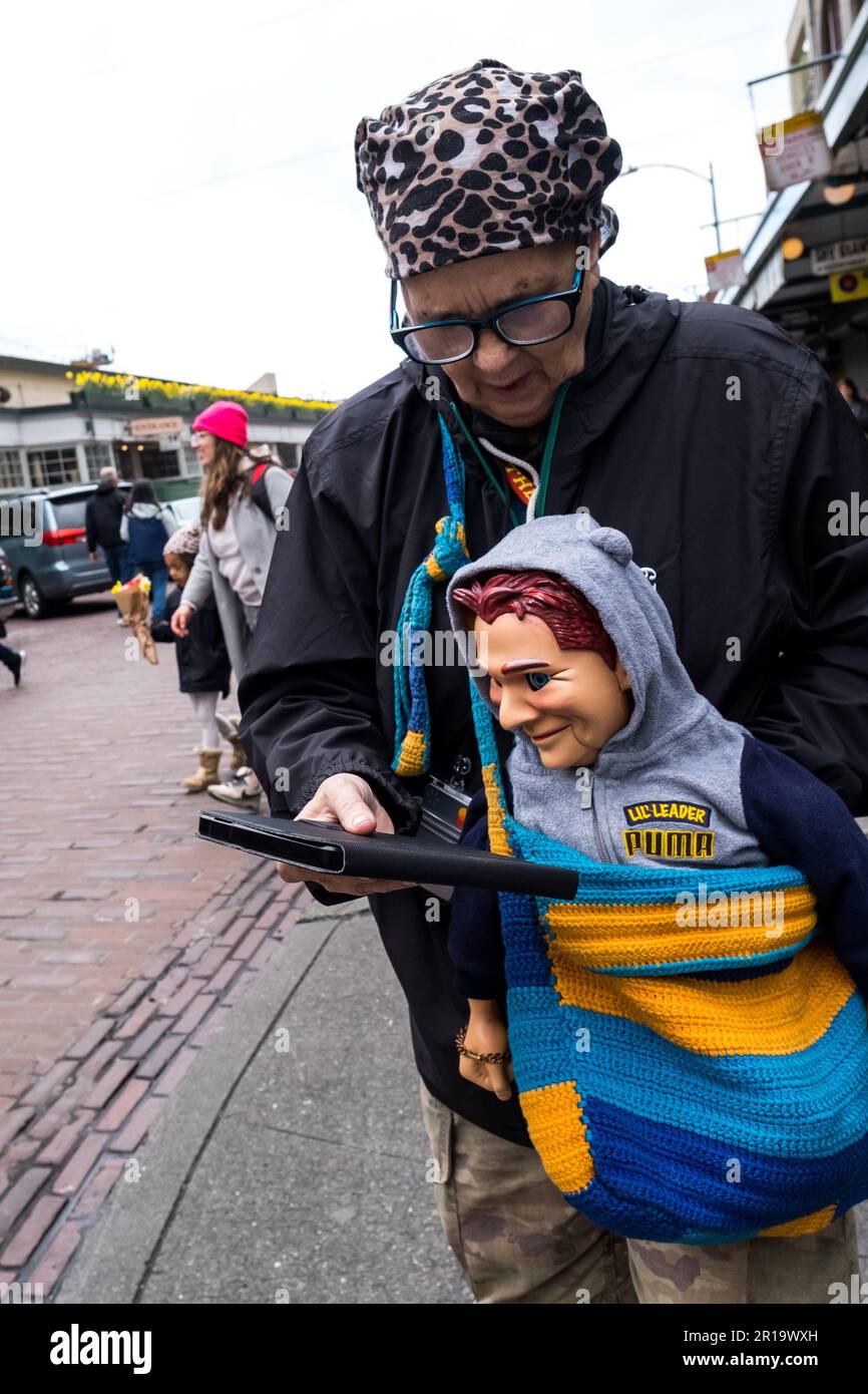 Seattle, USA. 20 Mar, 2023. A person at Pike Place Market with a Jeff ...