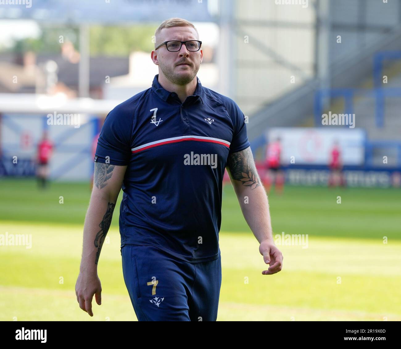 Warrington, UK. 12th May, 2023. Matt Parcell #9 of Hull KR inspects the ...