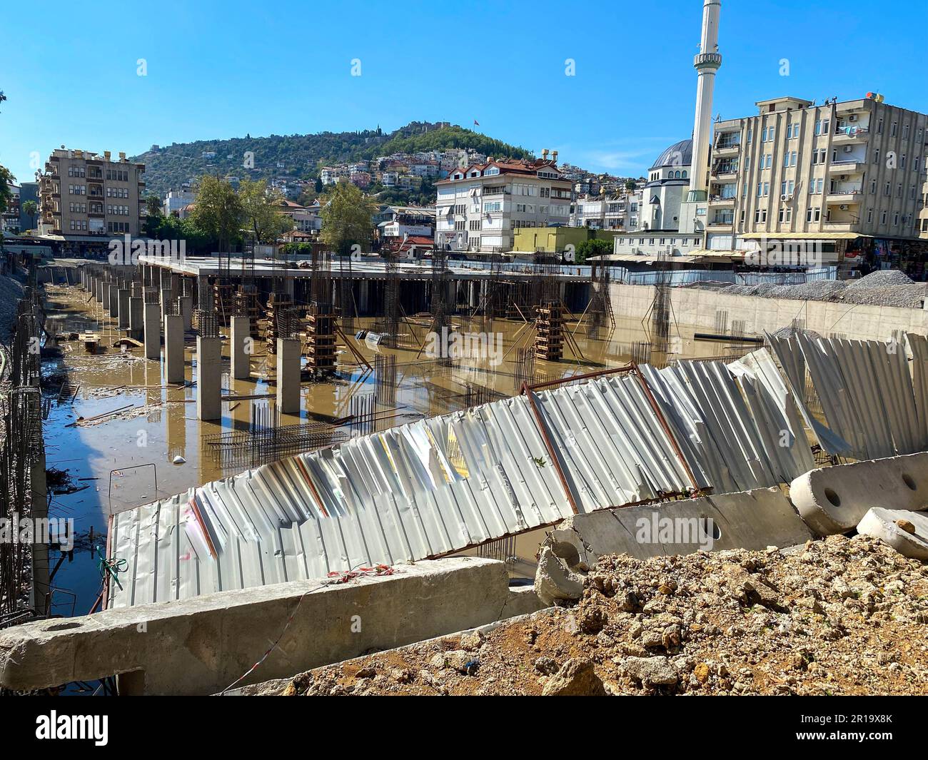 Construction of a monolithic-frame building, unfinished foundation with ...