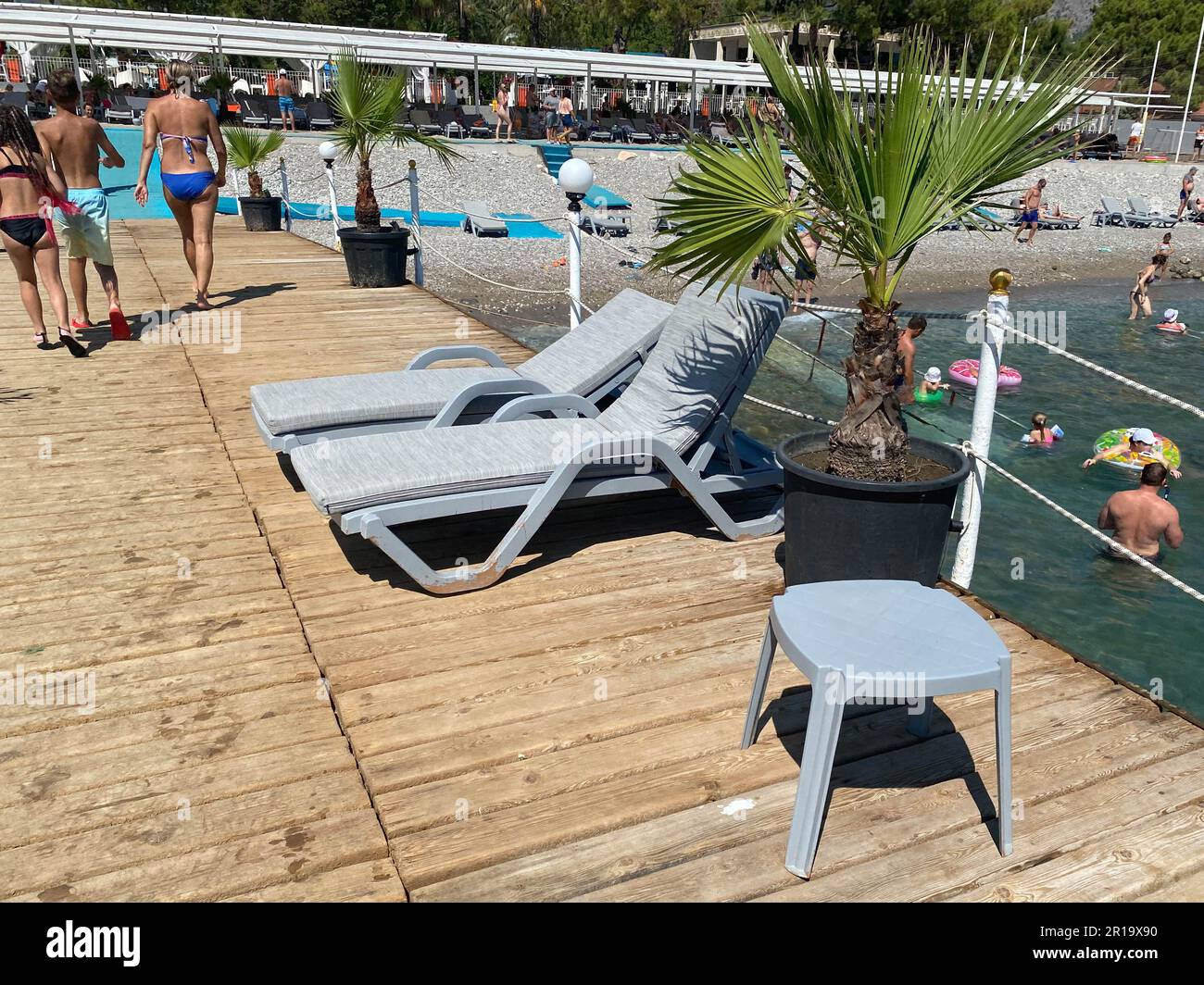 sun loungers and beach umbrellas on the beach in Egypt. advertising of ...