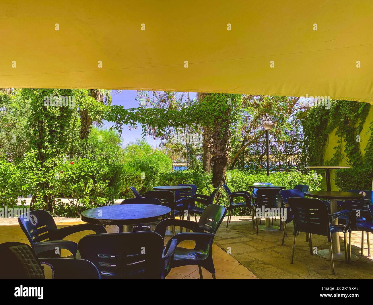 Wooden outside outdoor sitting restaurant empty area with picnic tables ...