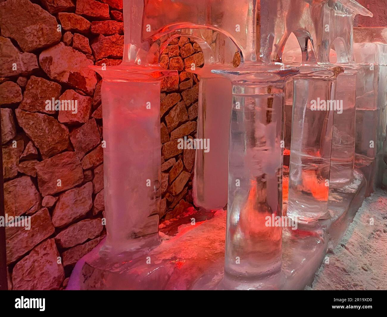 Large transparent winter ice sculptures and figures, columns at the ...