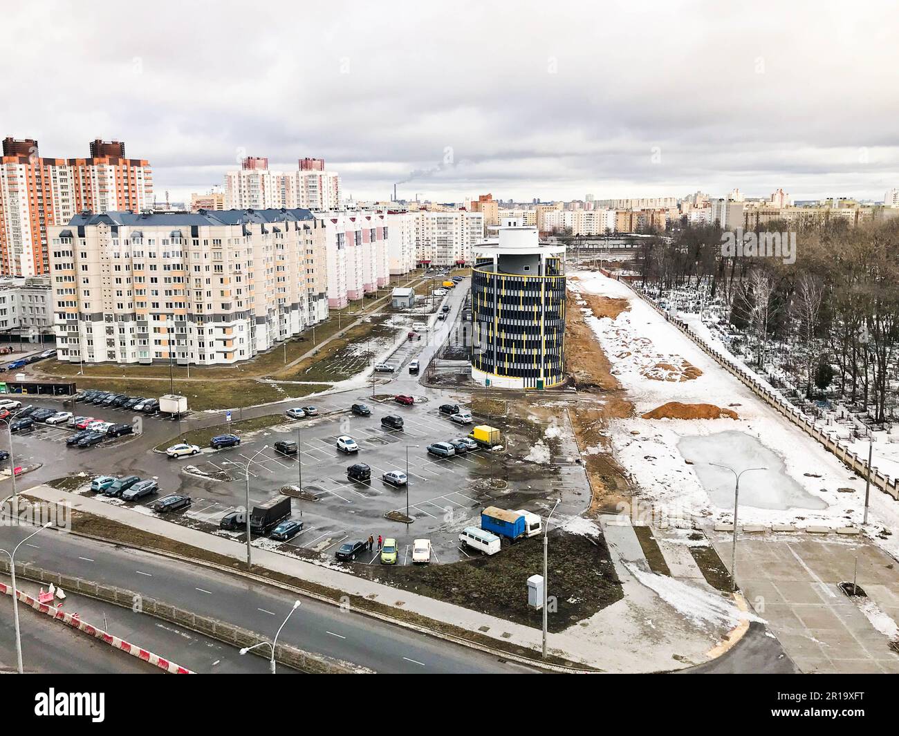 The view from the window from the height of the city road highway ...