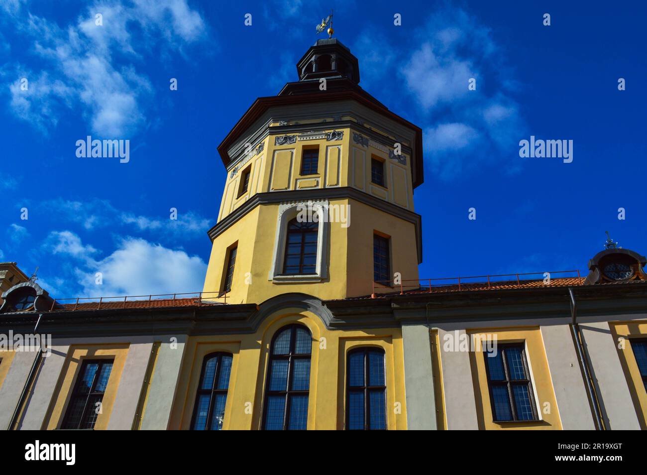 Tall steeples and towers, the roof of an old, ancient medieval baroque ...