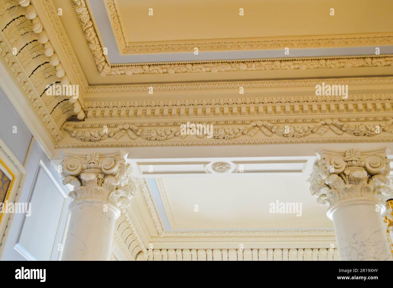 The texture of the white stone ceiling with patterns and beautiful ...
