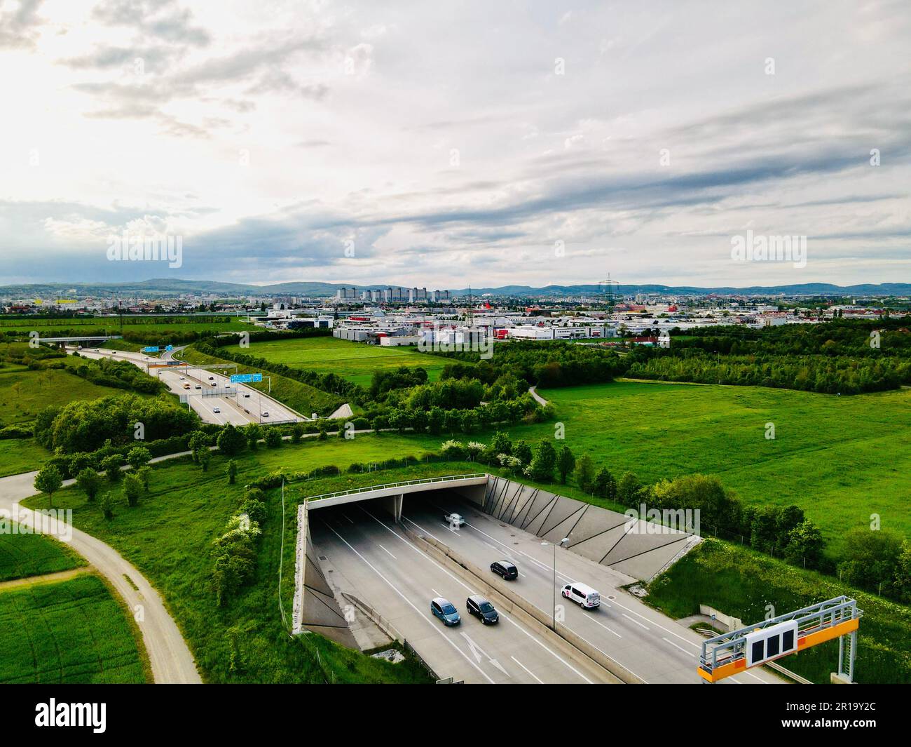 Vienna Austria May.3 2023, Aerial view of Highway with ecoduct bridge ...