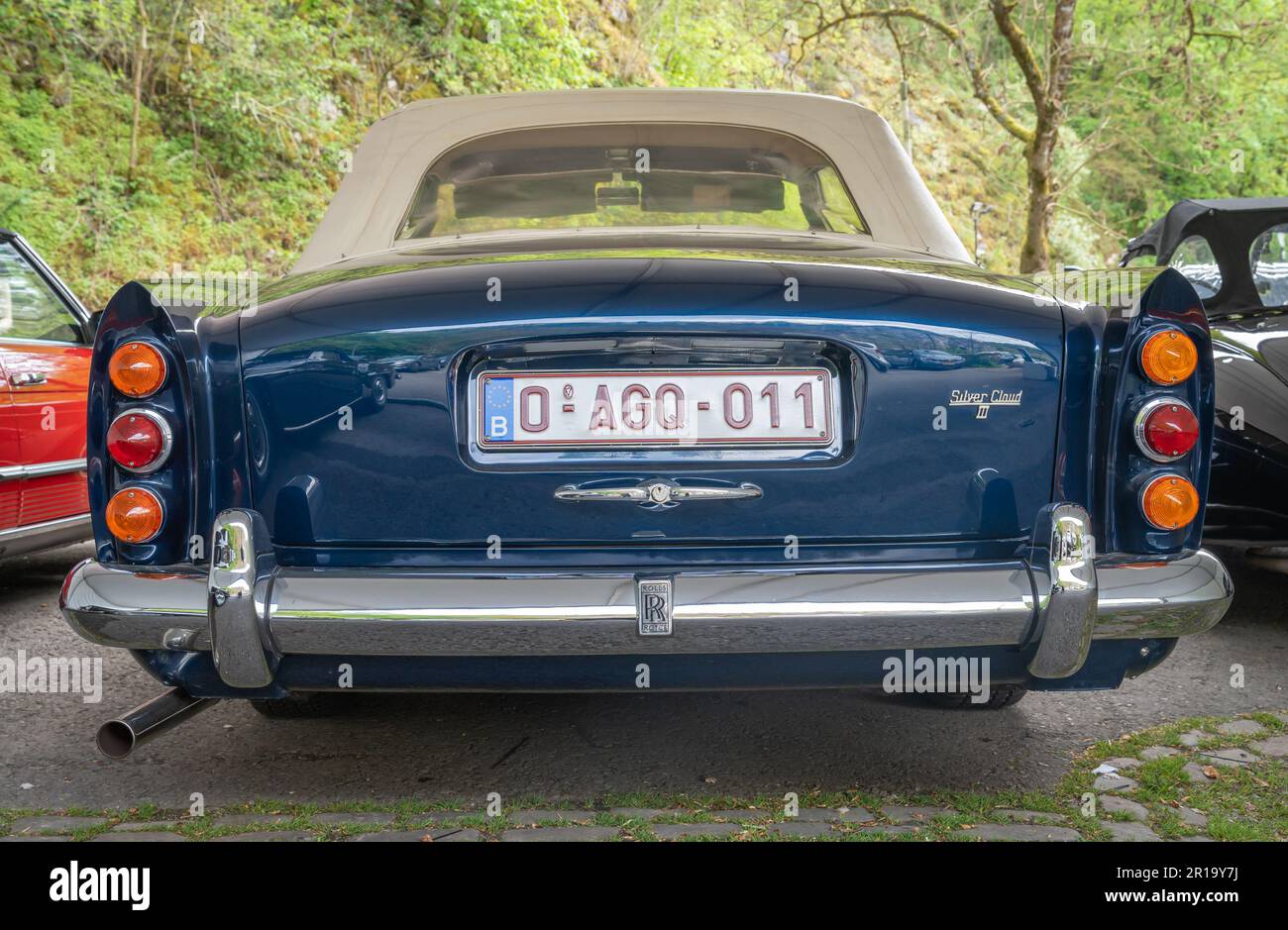Durbuy, Belgium, 06.05.2023, Rear view of classic luxury car Rolls ...