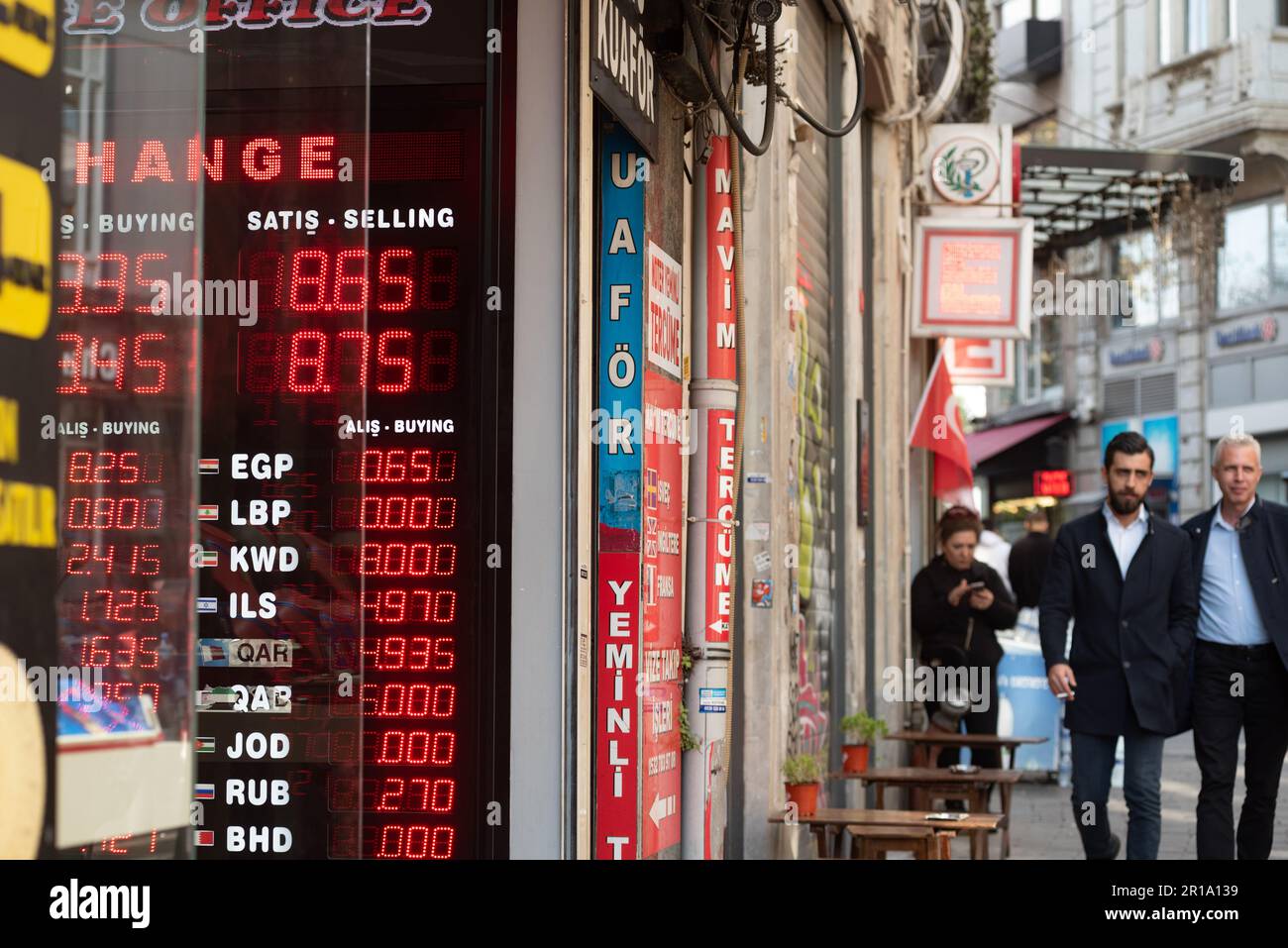 Turkish Lira against other currency exchange rates displayed in a shop ...