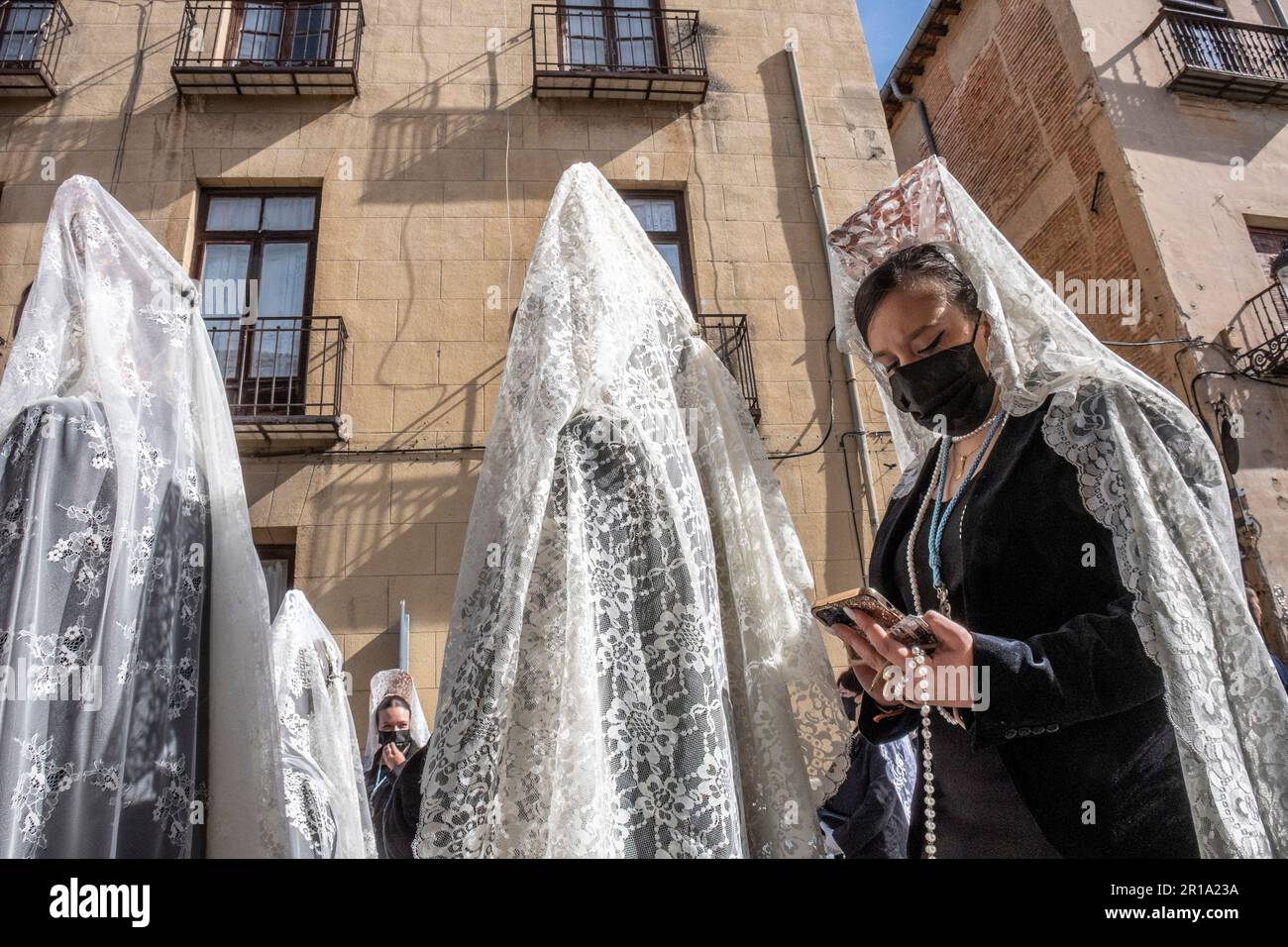 Women dressed in a traditional Lace Mantillas during the Procesión del ...
