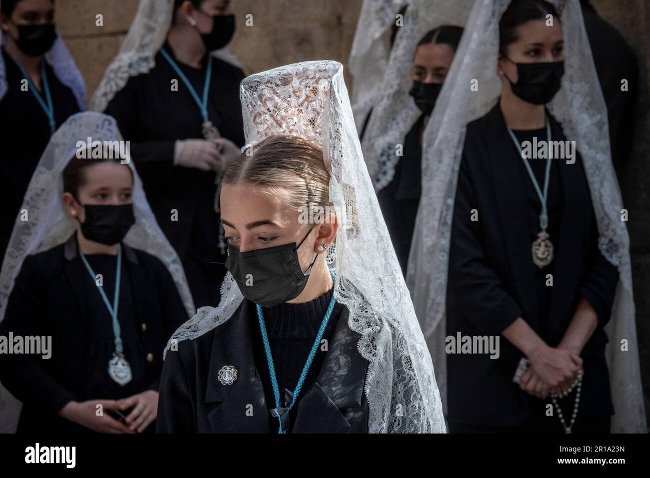 Women dressed in a traditional Lace Mantillas during the Procesión del ...
