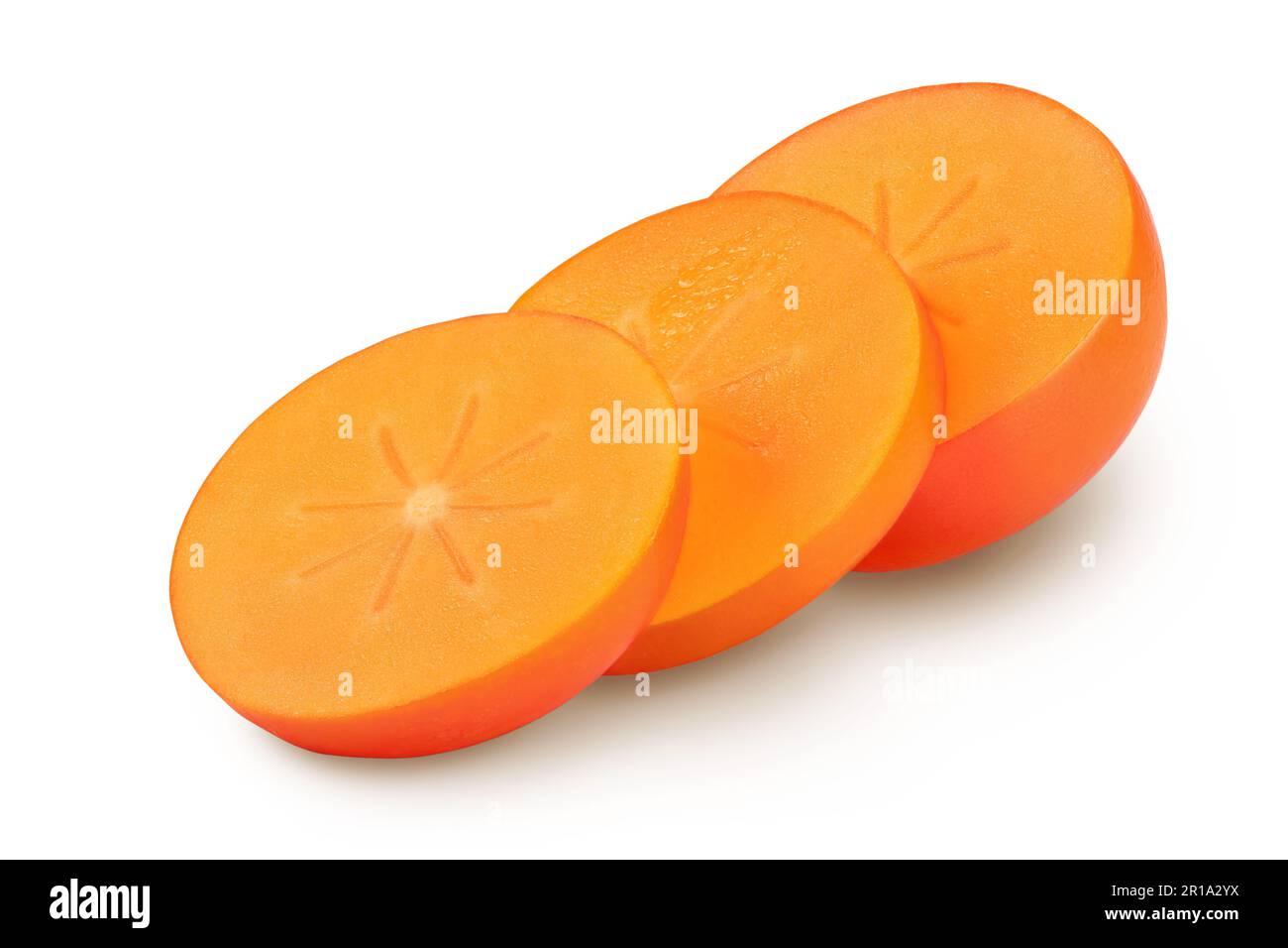 Persimmon fruit sliced isolated on white background with full depth of ...