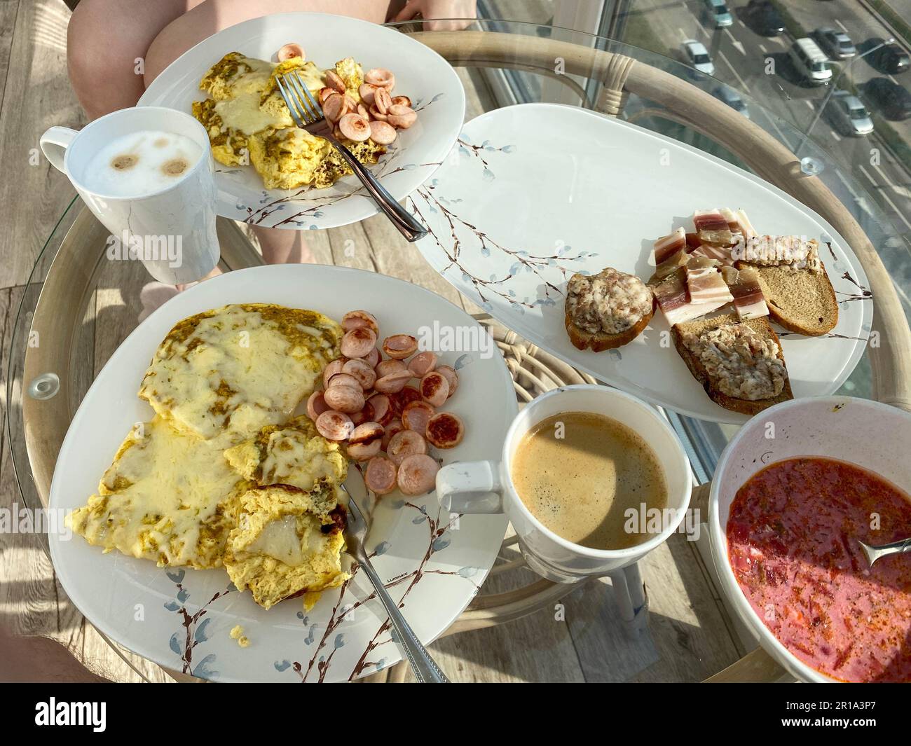 A beautiful hearty and healthy morning breakfast with an egg omelet ...