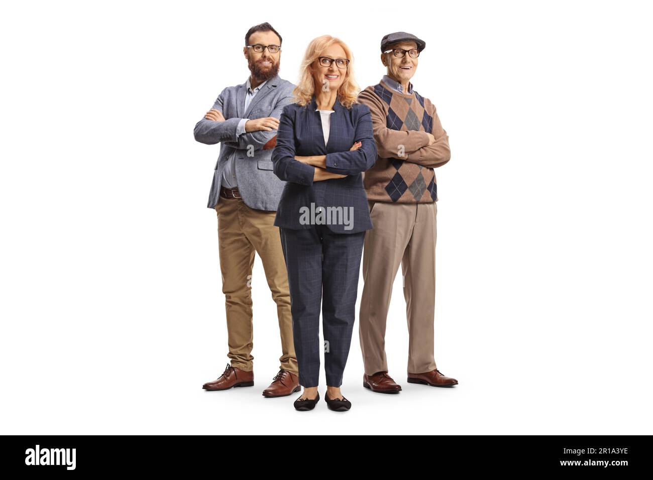 Full length portrait of a group of people standing with folded arms ...