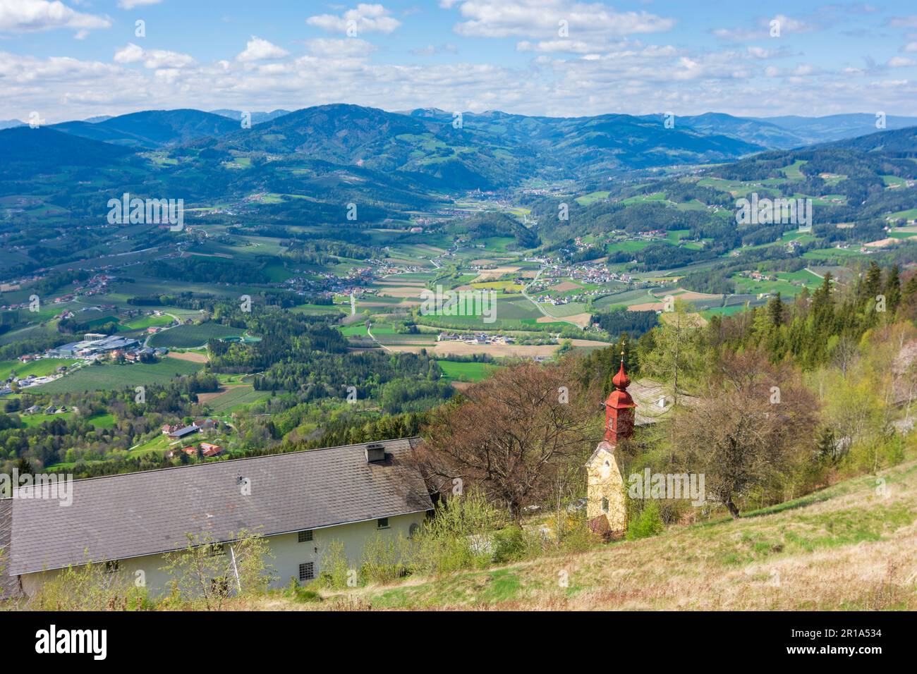 Puch bei Weiz: church Mariabrunn at mountain Kulm, view to Apfelland (apple country) in ...