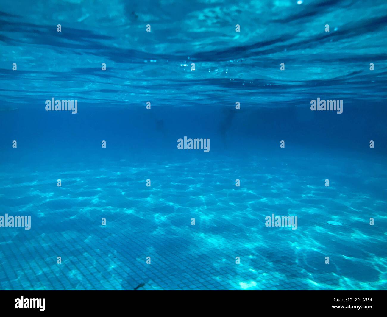 View swimming pool with ceramic tiles under blue water, underwater view ...