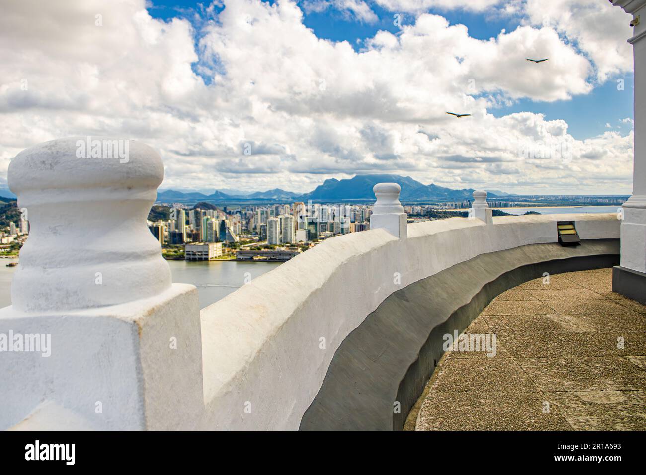 Detail of a white parapet with a curved line, showing the city of Vitoria and birds in the sky ...