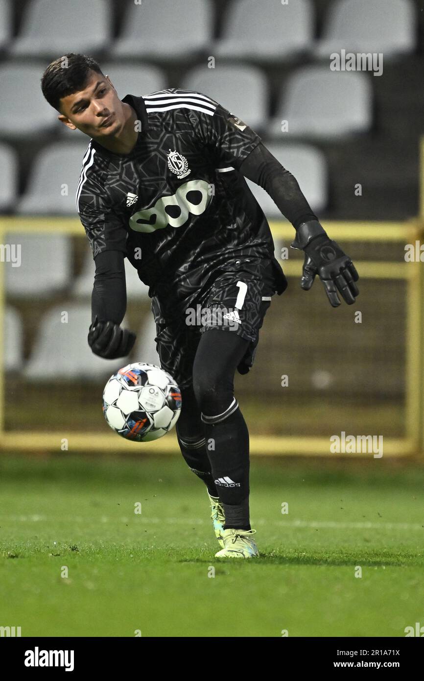 Lommel, Belgium. 12th May, 2023. SL16's goalkeeper Elias Mago pictured ...