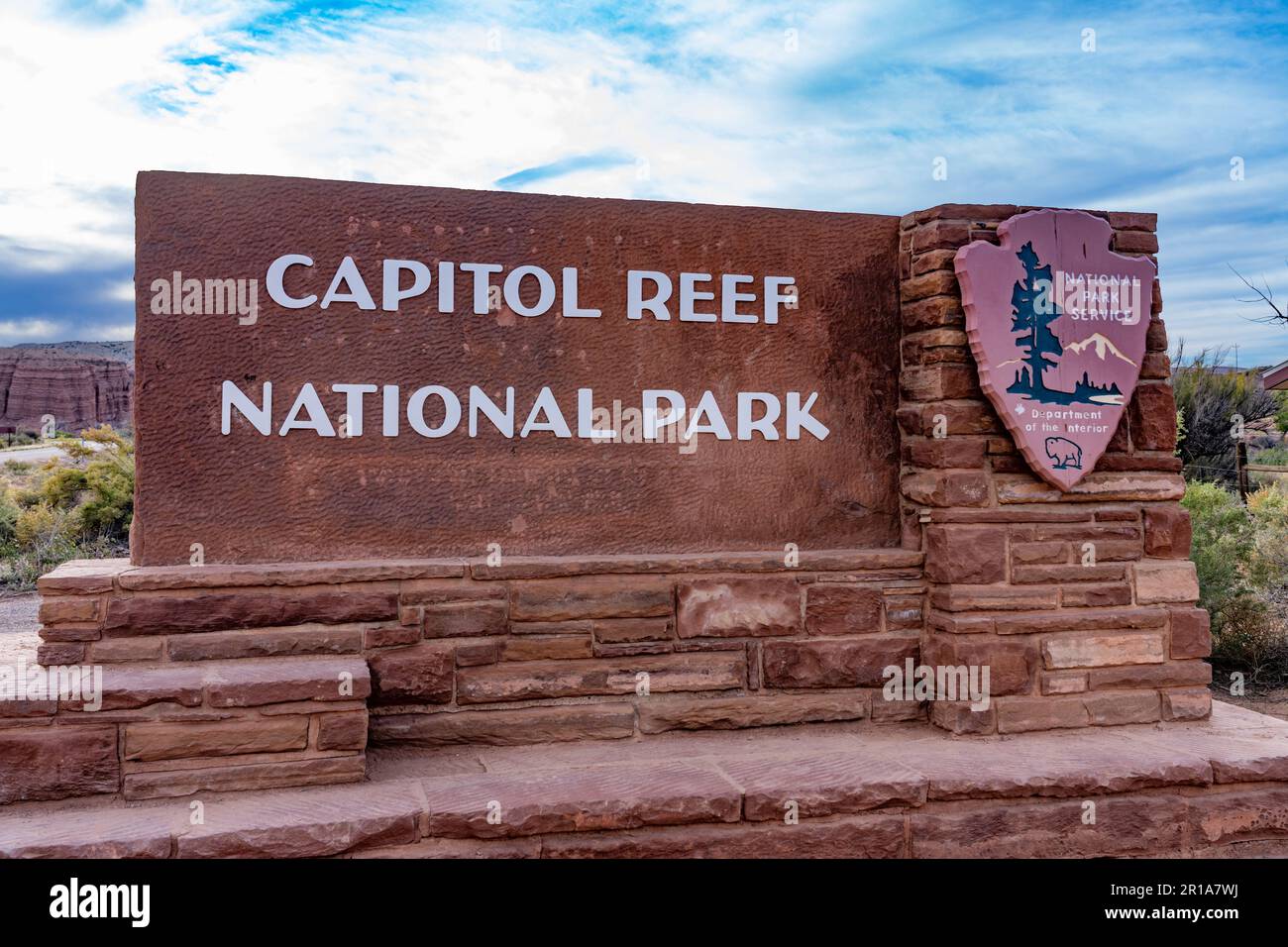 The sign at the east entrance of Capitol Reef National Park in Utah ...