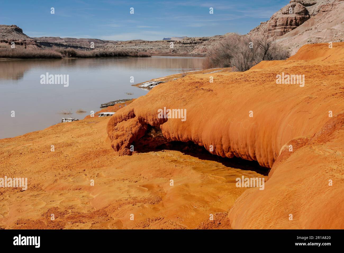 Colorful travertine deposits around the Crystal Geyser, a cold-water ...