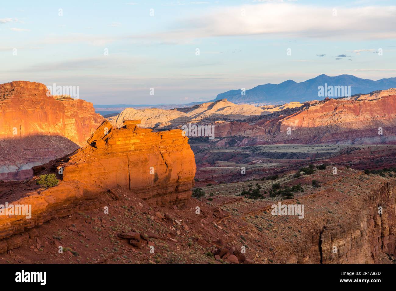 Sunset light on the formations of Capitol Reef National Park, viewed ...