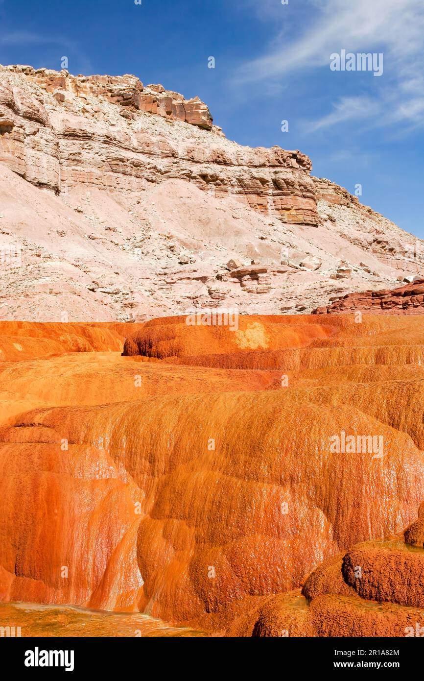 Colorful travertine deposits around the Crystal Geyser, a cold-water ...