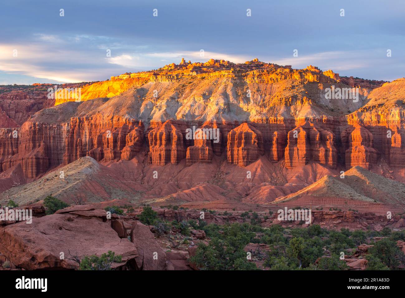 Sunset light on the Mummy Cliff from Panorama Point in Capitol Reef ...
