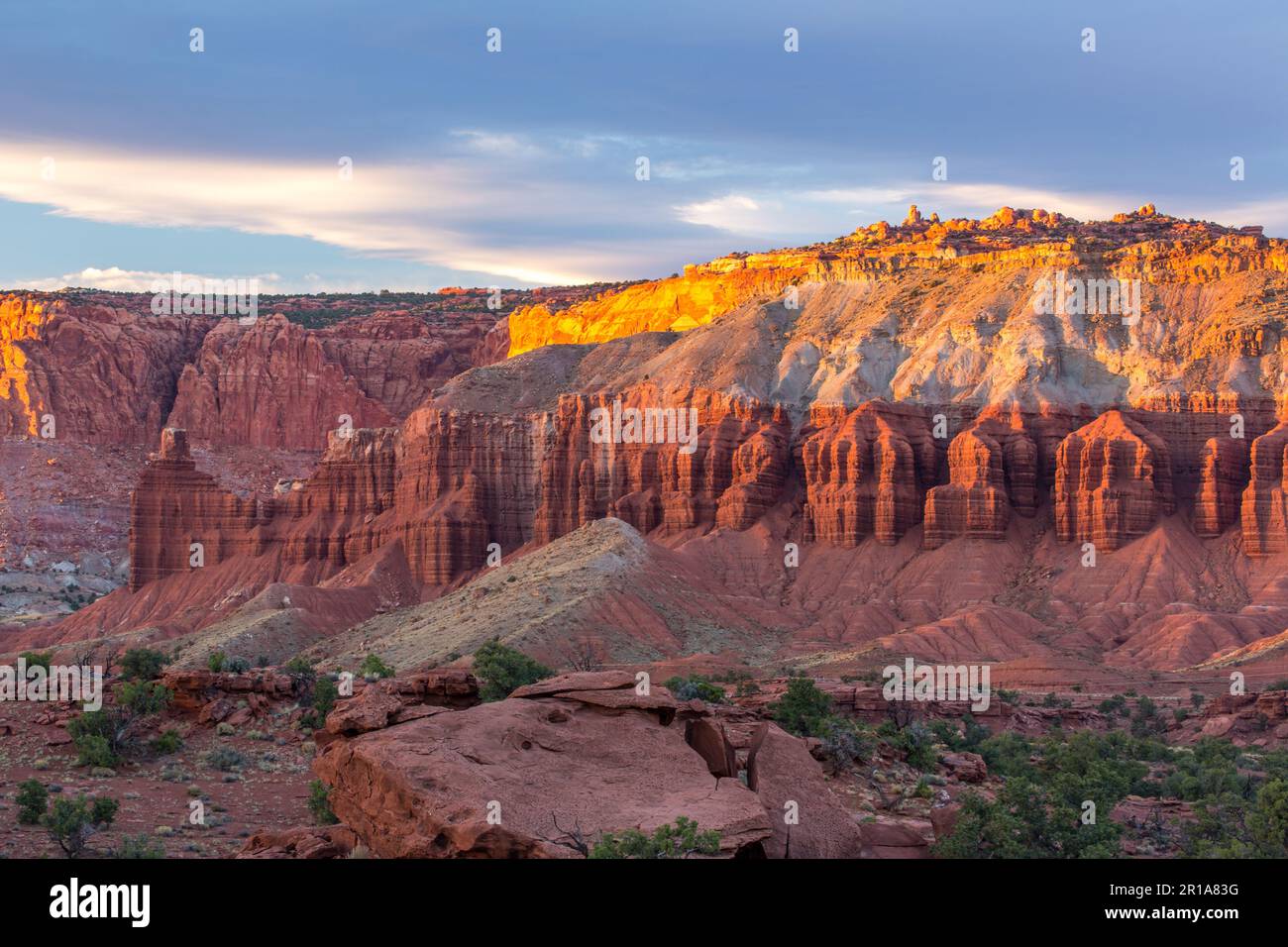Sunset light on the Mummy Cliff from Panorama Point in Capitol Reef ...
