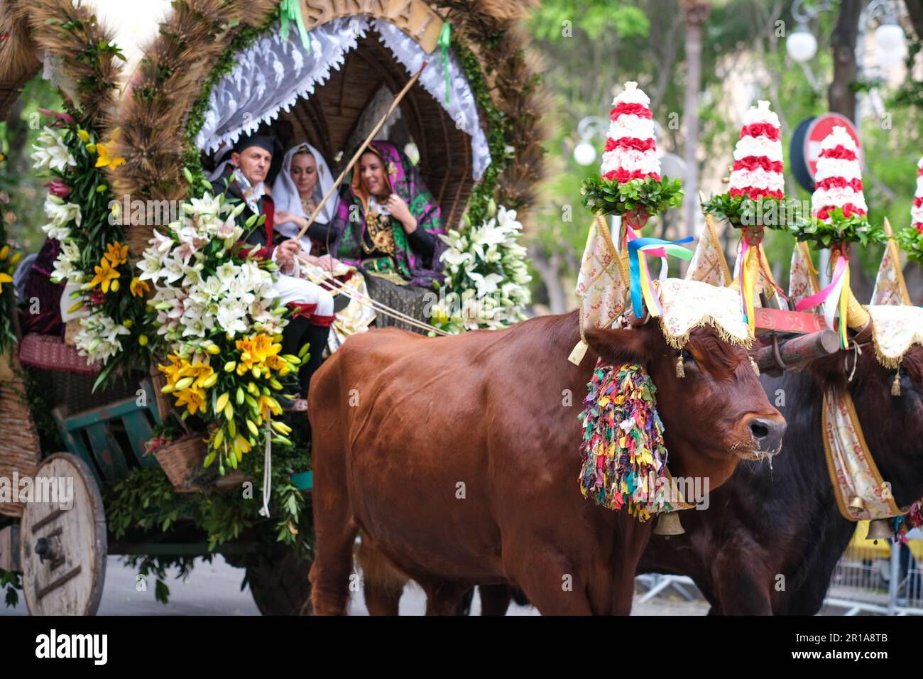 A traditional flower-covered, oxen-pulled chariot chart known as a ...