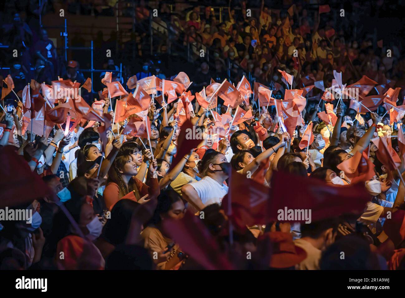 Bangkok, Thailand. 12th May, 2023. The Move Forward supporters seen waving flags during the ...
