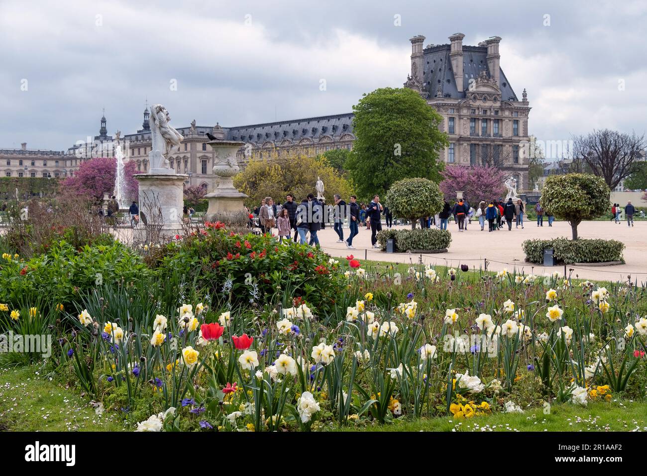 Paris, France - April 24 2023: Flower bed with flowering irises and ...