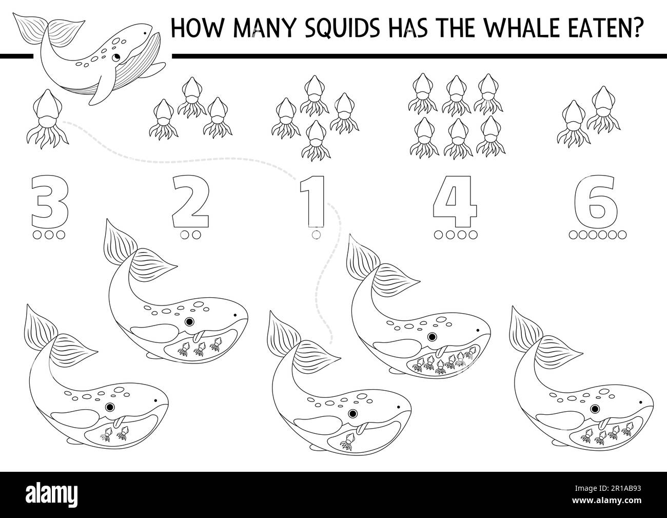 Match the numbers under the sea black and white game with whale eating ...