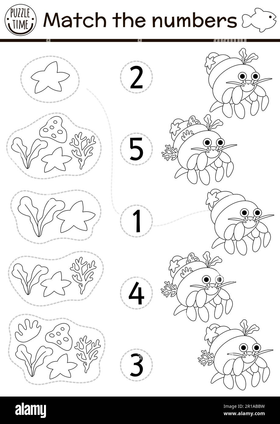 Match the numbers under the sea black and white game with hermit crab ...