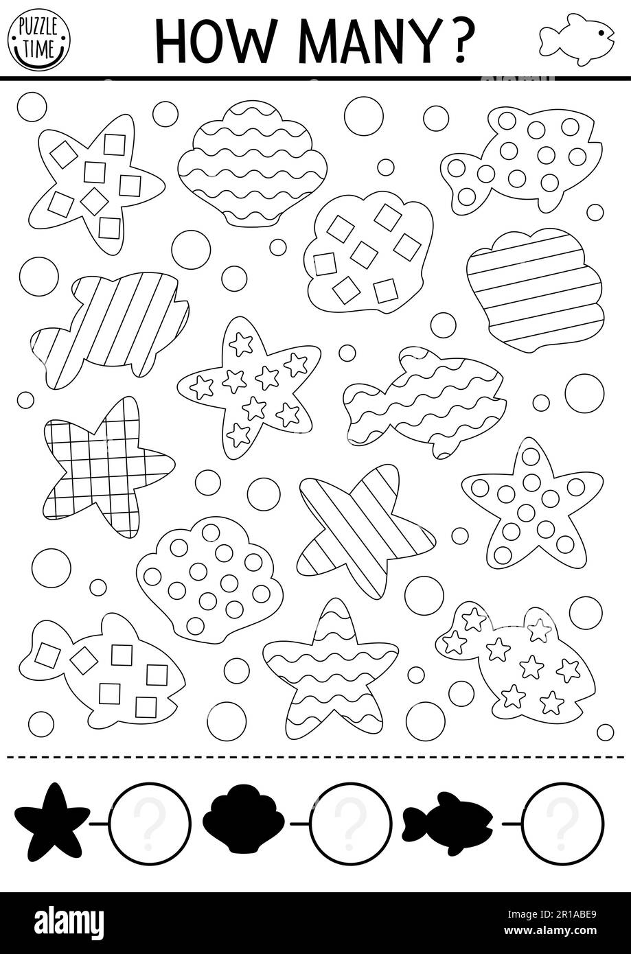 Counting and shape recognition black and white game with cute starfish ...