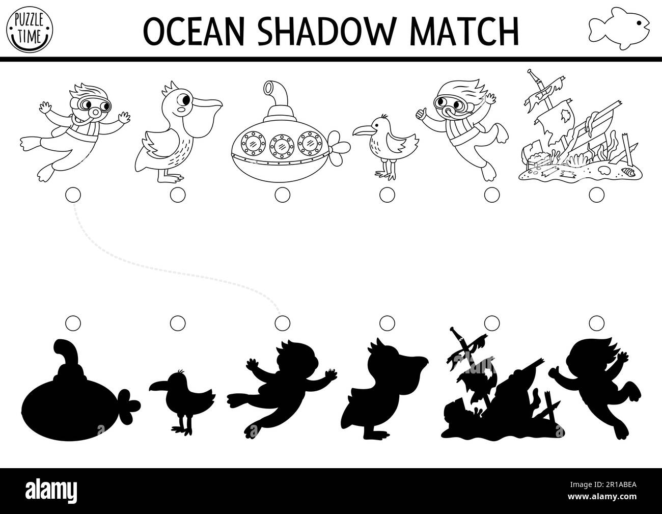 Under the sea black and white shadow matching activity. Ocean line ...