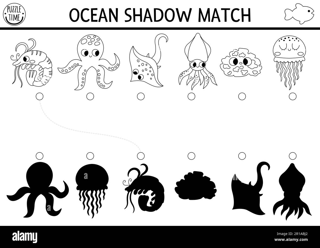 Under the sea black and white shadow matching activity. Ocean line ...